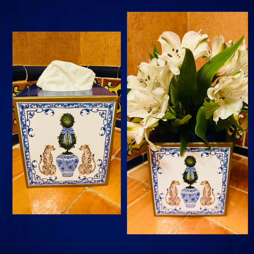 Paper mache Kleenex box with leopards and chinoiserie