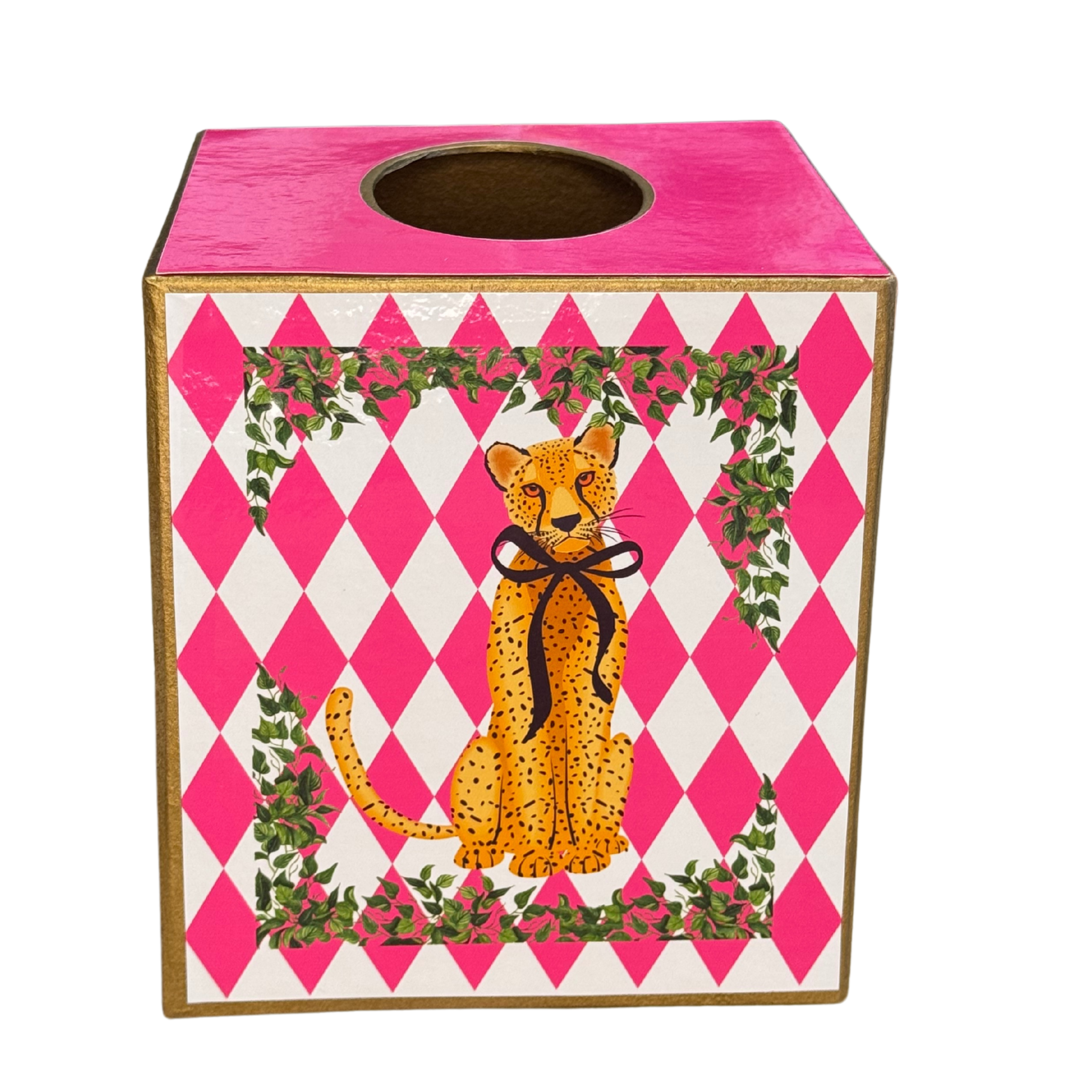 Paper Mache Kleenex Box with leopard w/ blk bow and flowers