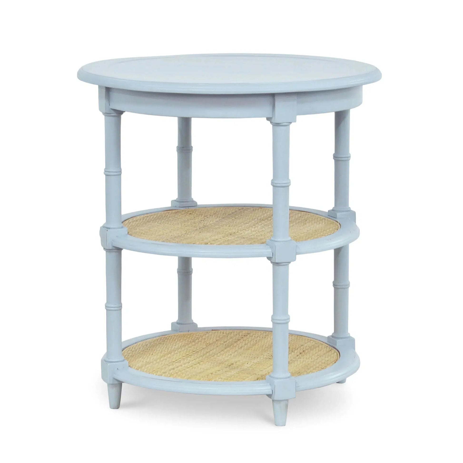 Martinique Round Side Table in Ocean Blue w/ Rattan Natural on Shelfs ...