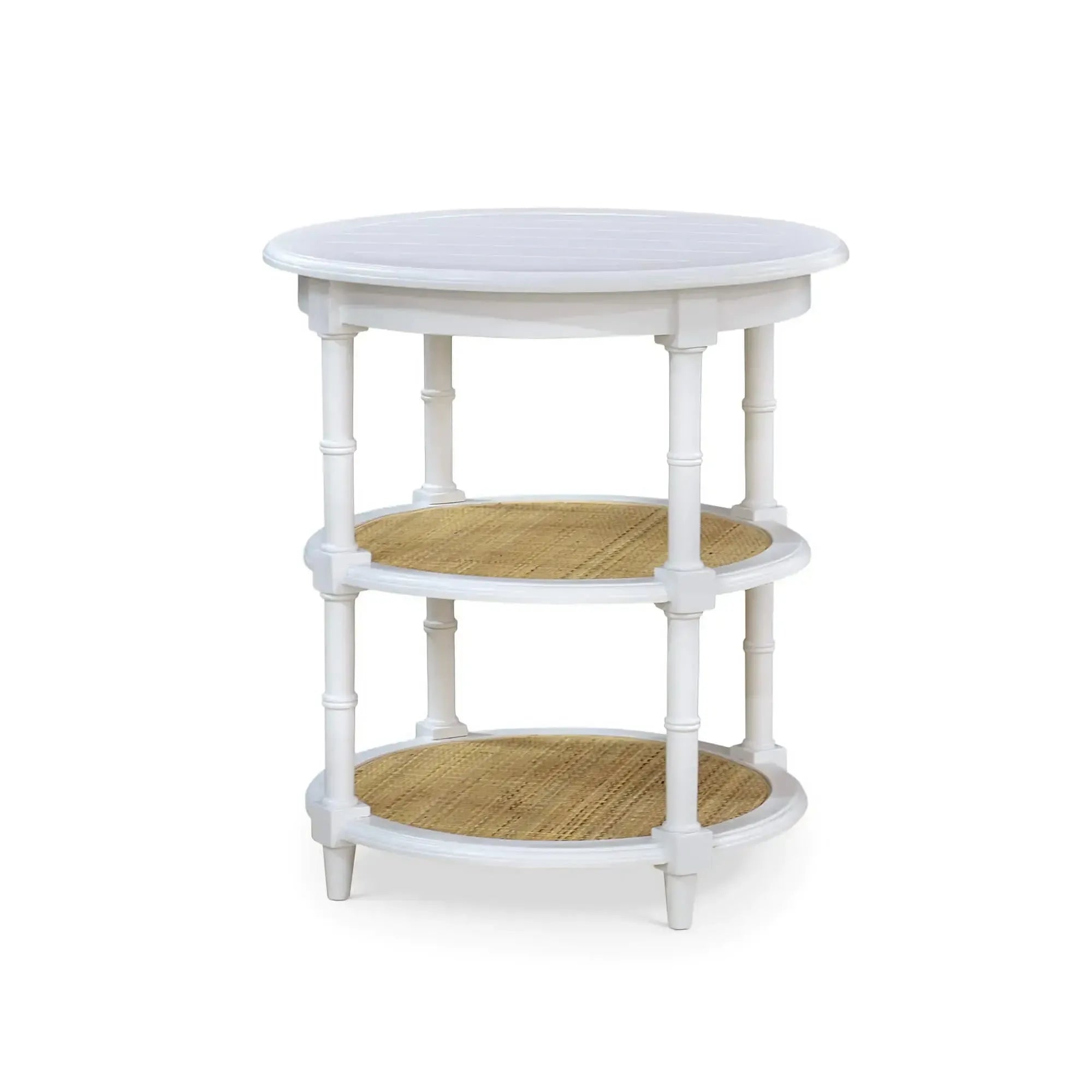 Martinique Round Side Table inTrue White w/ Rattan Natural on Shelves