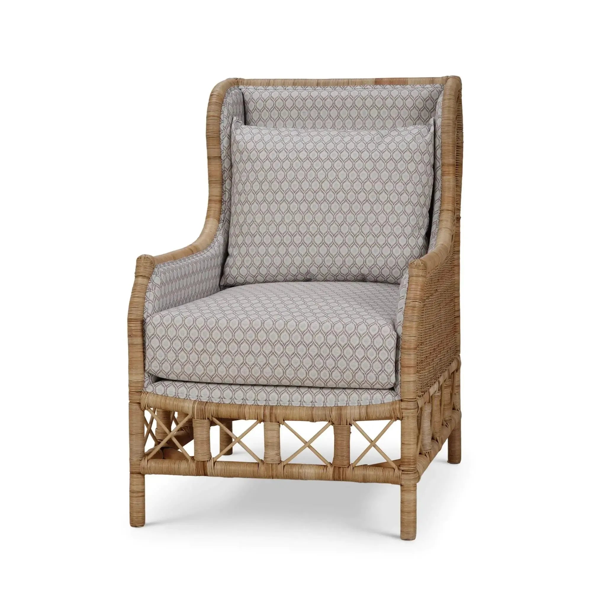 Hampton Rattan Wing Chair In Natural Rattan W/ Spivey Rost Fabric|Bramble