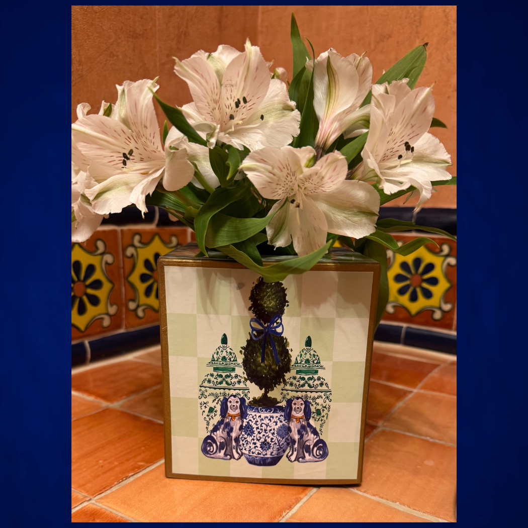 Paper Mache Kleenex Box Staffordshire dogs and topiary