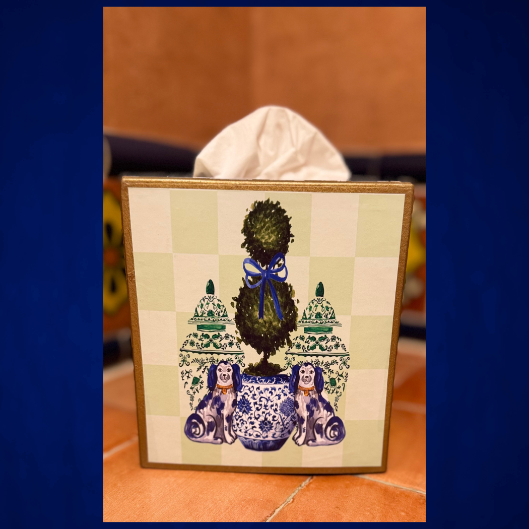 Paper Mache Kleenex Box Staffordshire dogs and topiary