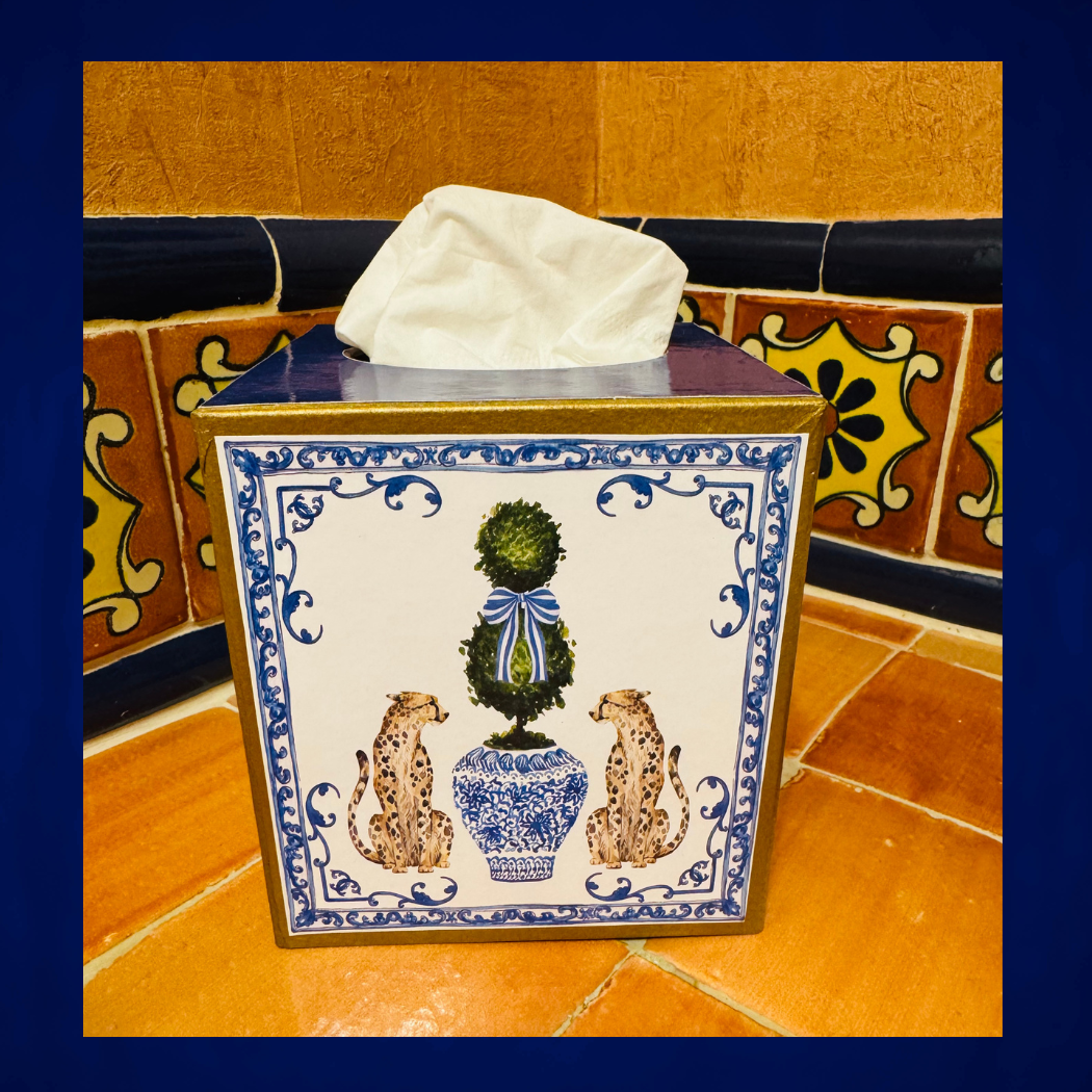 Paper mache Kleenex box with leopards and chinoiserie