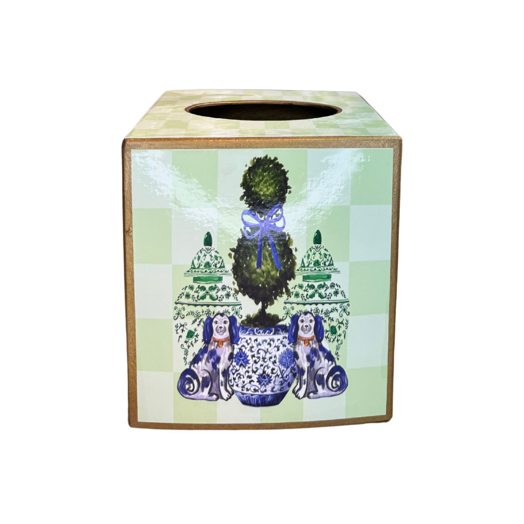 Paper Mache Kleenex Box Staffordshire dogs and topiary