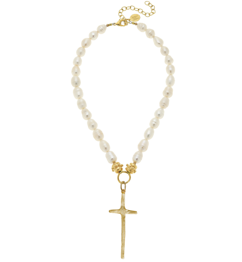 Elongated Cross Pearl Necklace