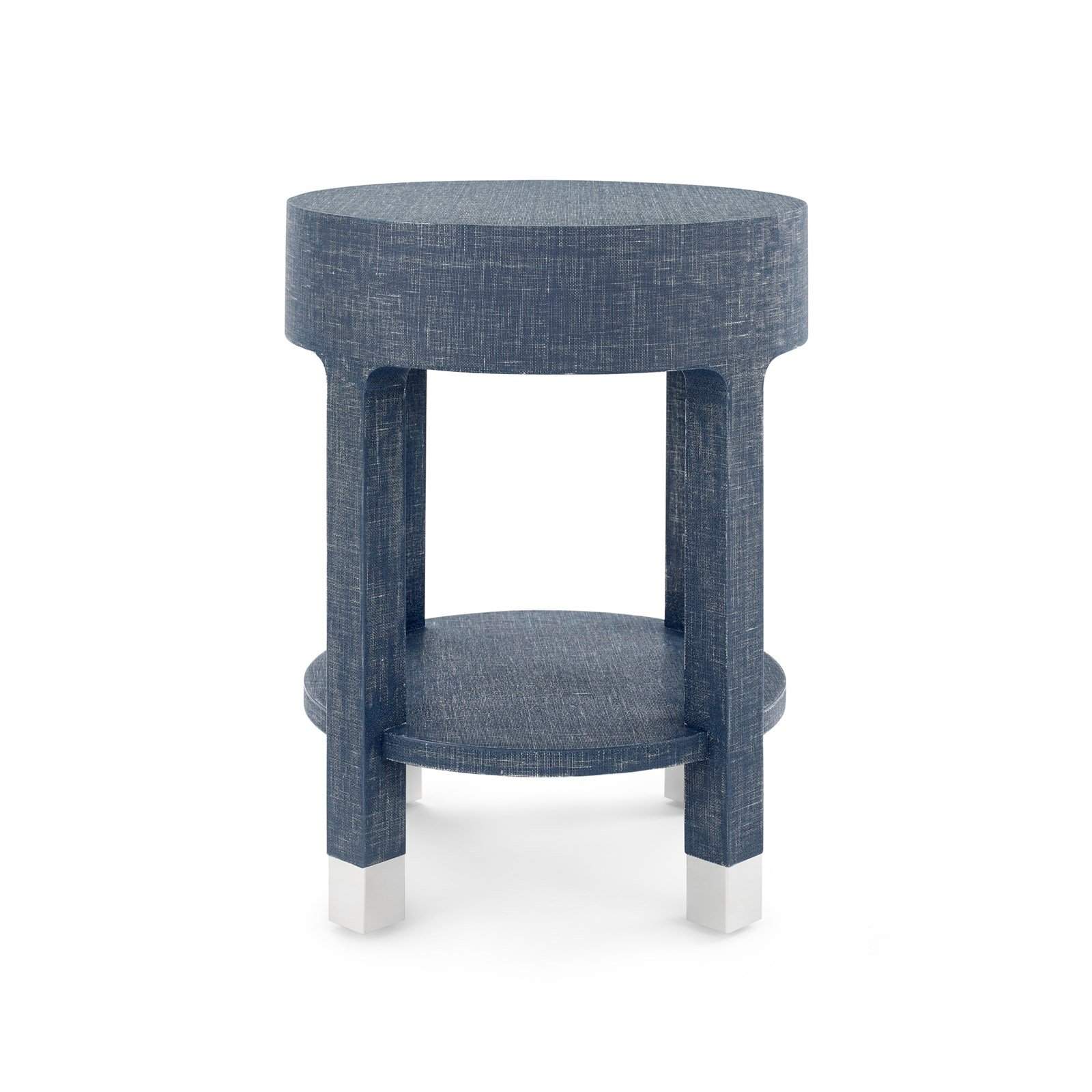 Kathy Kuo Home Nuevo Living Dakota Modern Blue Linen Silver Accent 1 Drawer Round Side Table Navy